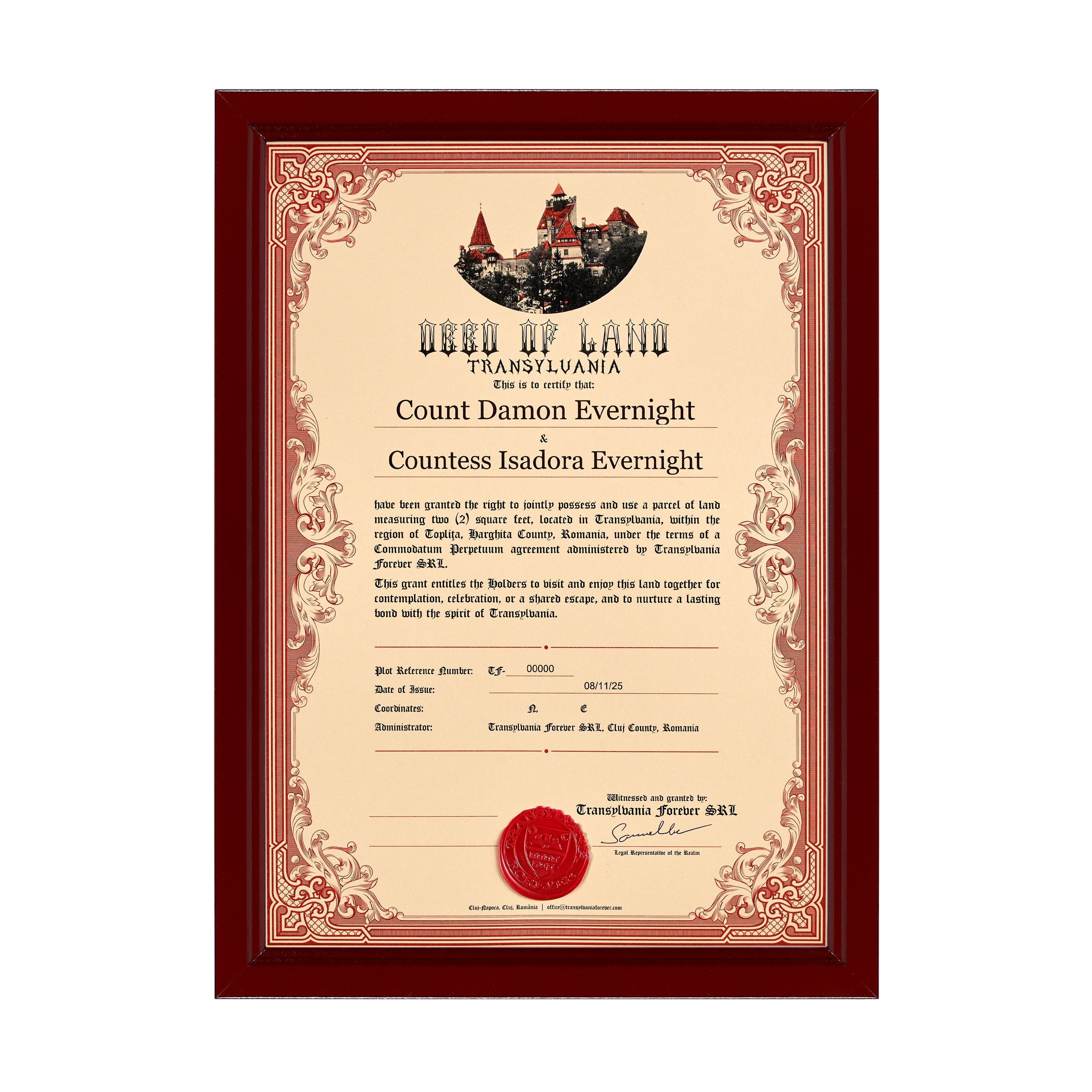 Couple/Friendship Deed of Land Certificate – Transylvania Souvenir Plo ...